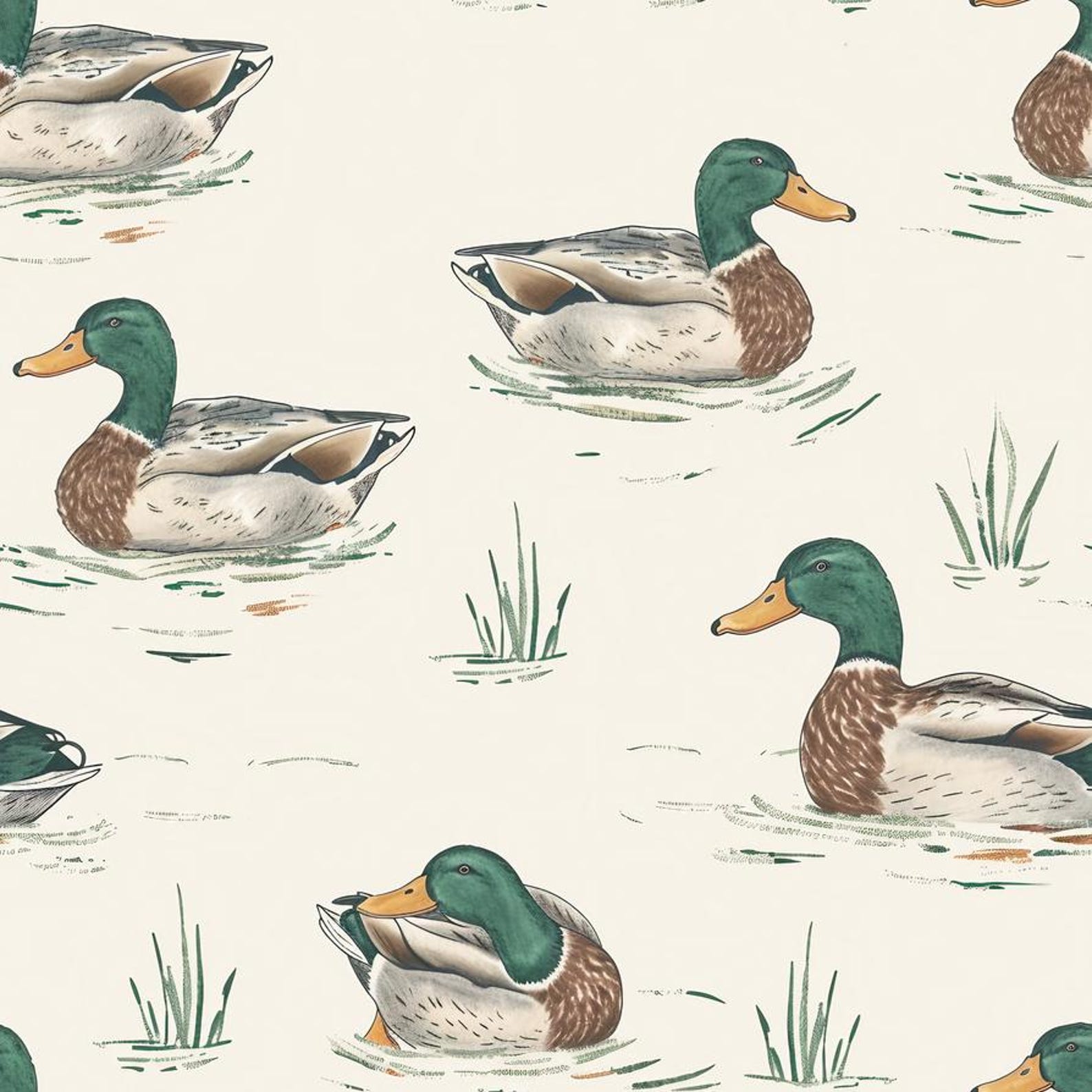 Mallard Duck in Pond Fabric Mallards Fabric Cute Ducks Fabric Cartoon ...