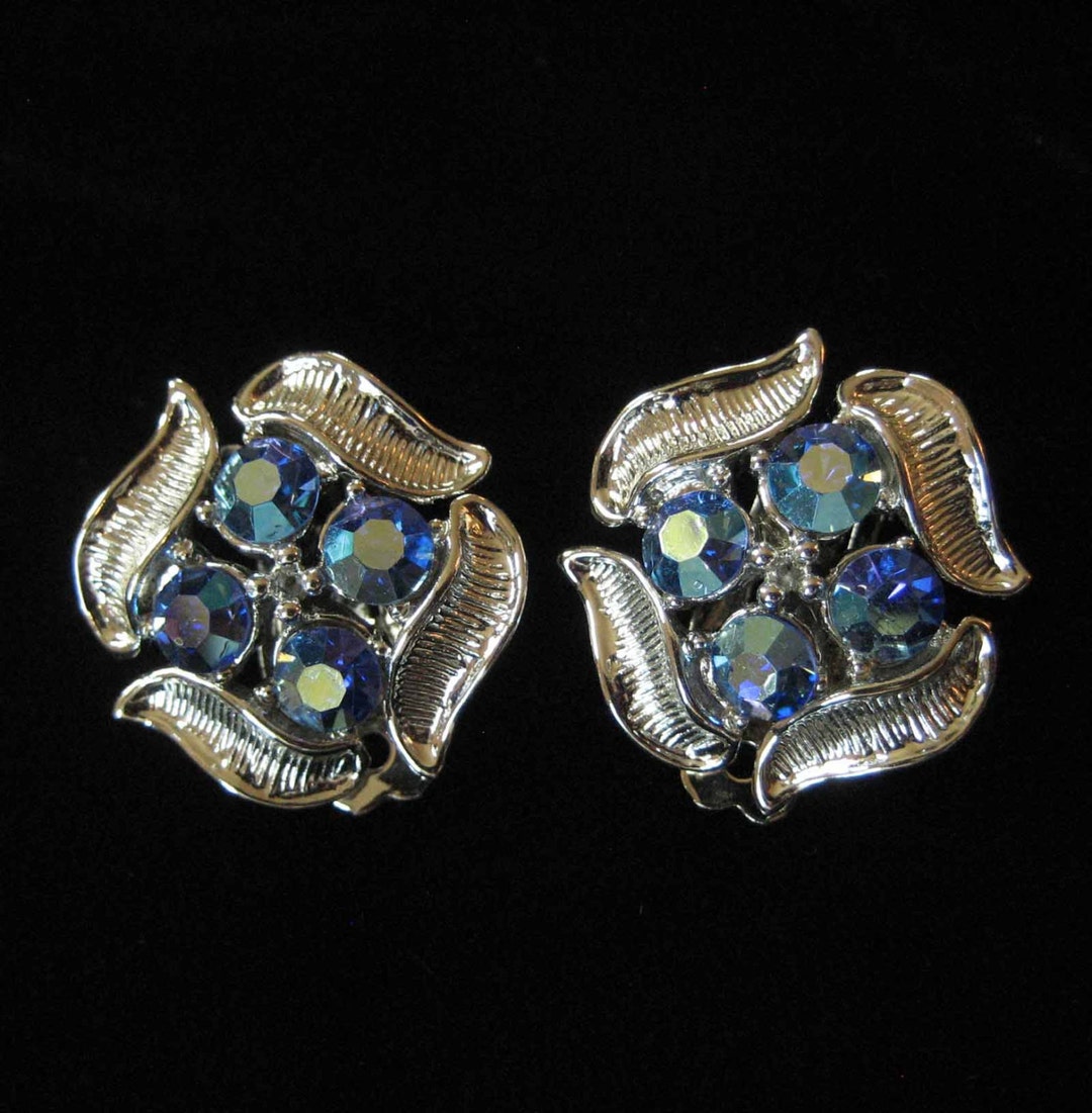 Silver Sapphire Blue AB Rhinestone Earrings - Etsy