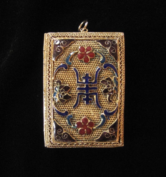 Chinese Mesh Enamel Perfume Pendant, Gold Wash - Gem