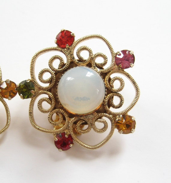 Filigree Scroll Multi Color Rhinestone Earrings - Gem