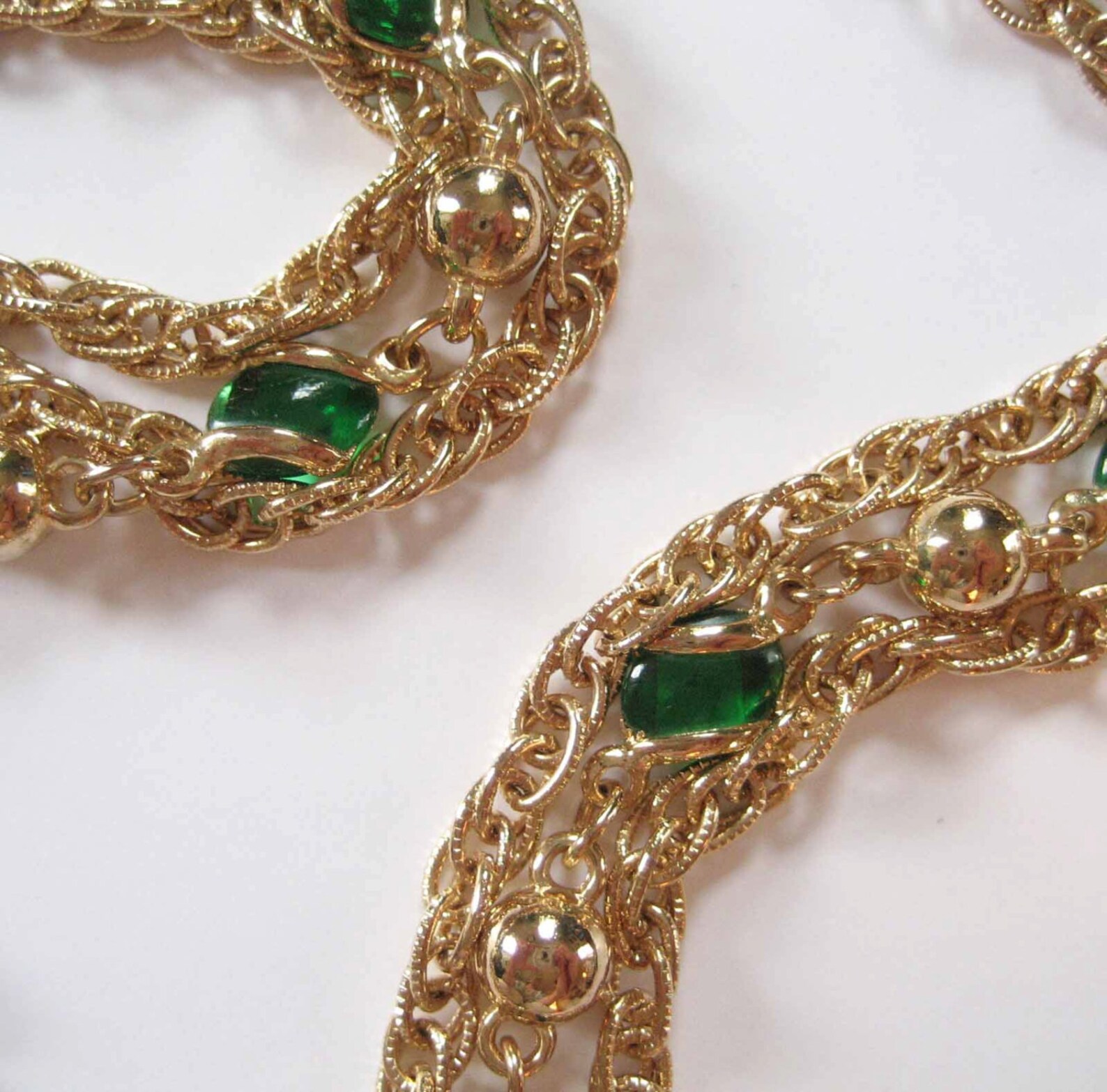 Triple Chain Necklace With Wrapped Green Glass Stones - Etsy