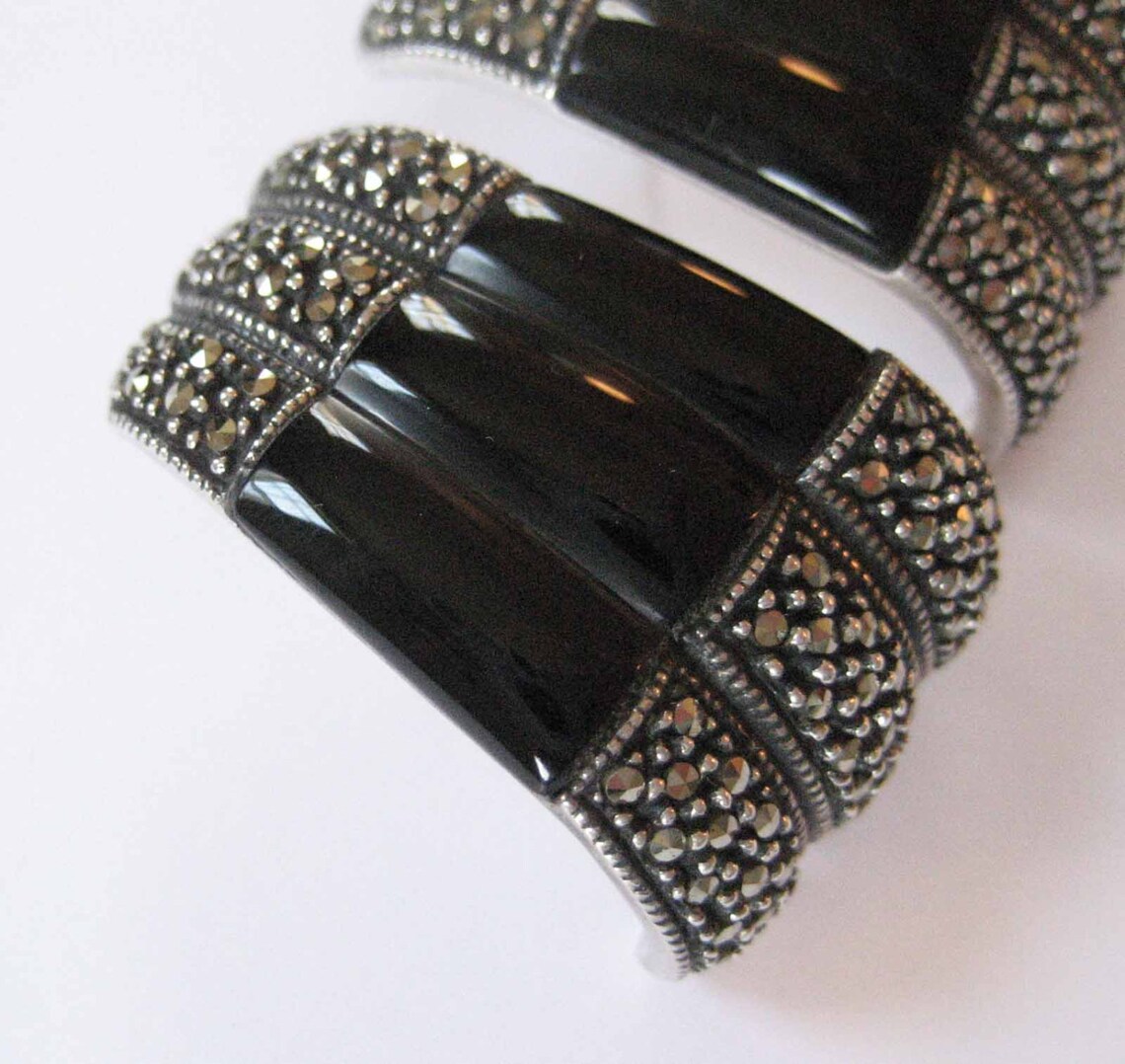 Judith Jack Large Sterling Marcasite Black Onyx Earrings | Etsy