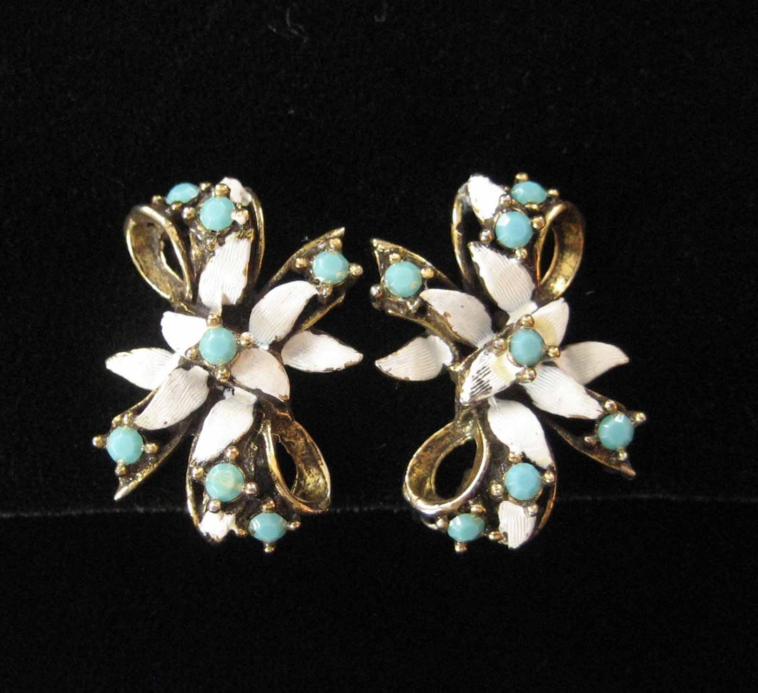 White Enamel and Turquoise Rhinestone Victorian Revival - Etsy