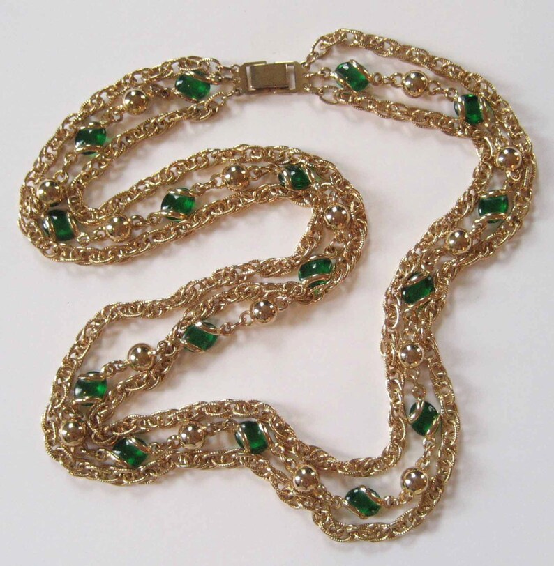 Triple Chain Necklace With Wrapped Green Glass Stones - Etsy