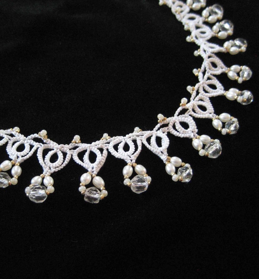 Genuino perla y encaje de ganchillo a mano Tatted Collar de flecos con ...