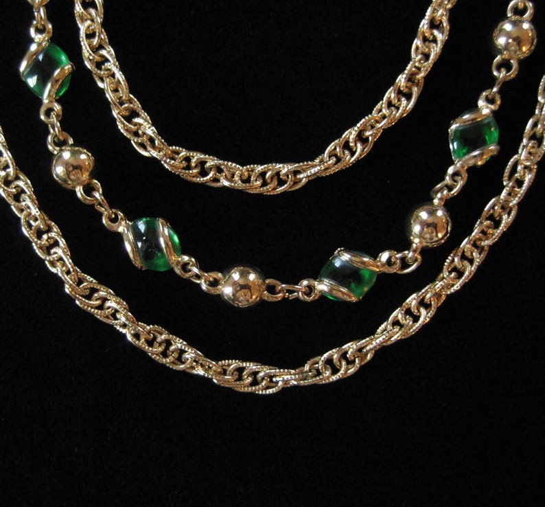 Triple Chain Necklace With Wrapped Green Glass Stones - Etsy