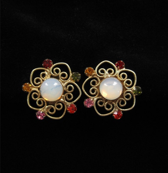 Filigree Scroll Multi Color Rhinestone Earrings - Gem