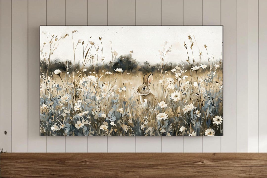 Rabbit Frame TV Wall Art, Vintage Style Wildflower Field, Spring Floral ...