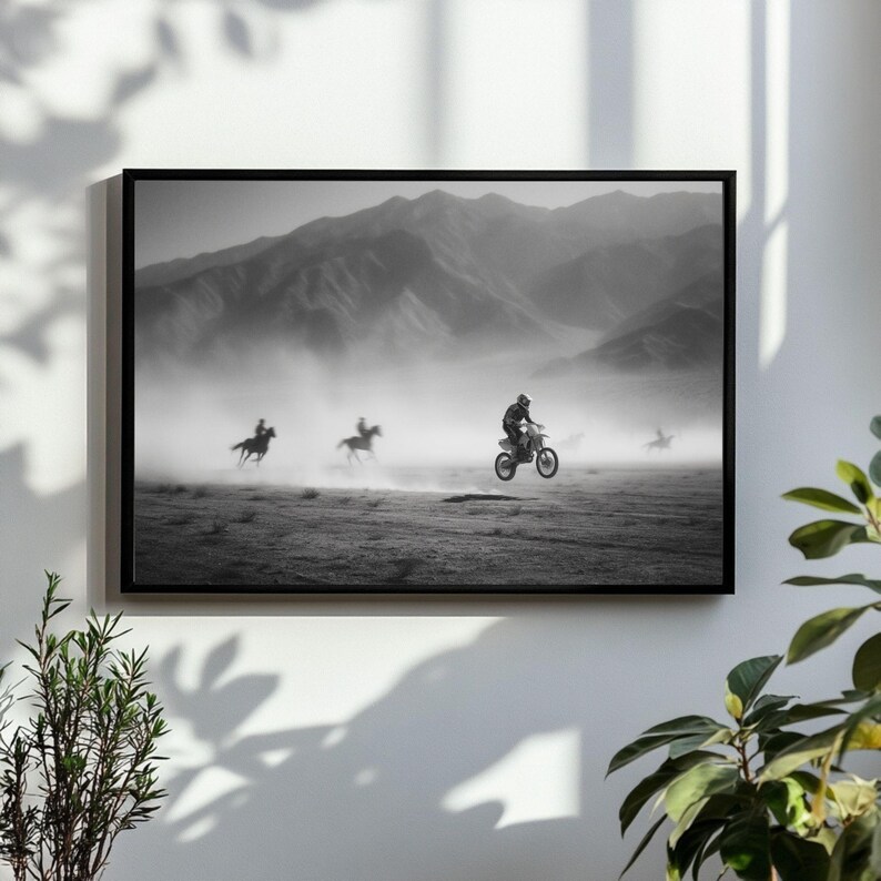Black & White Motocross Horse Racing Wall Art, Western Desert Action ...