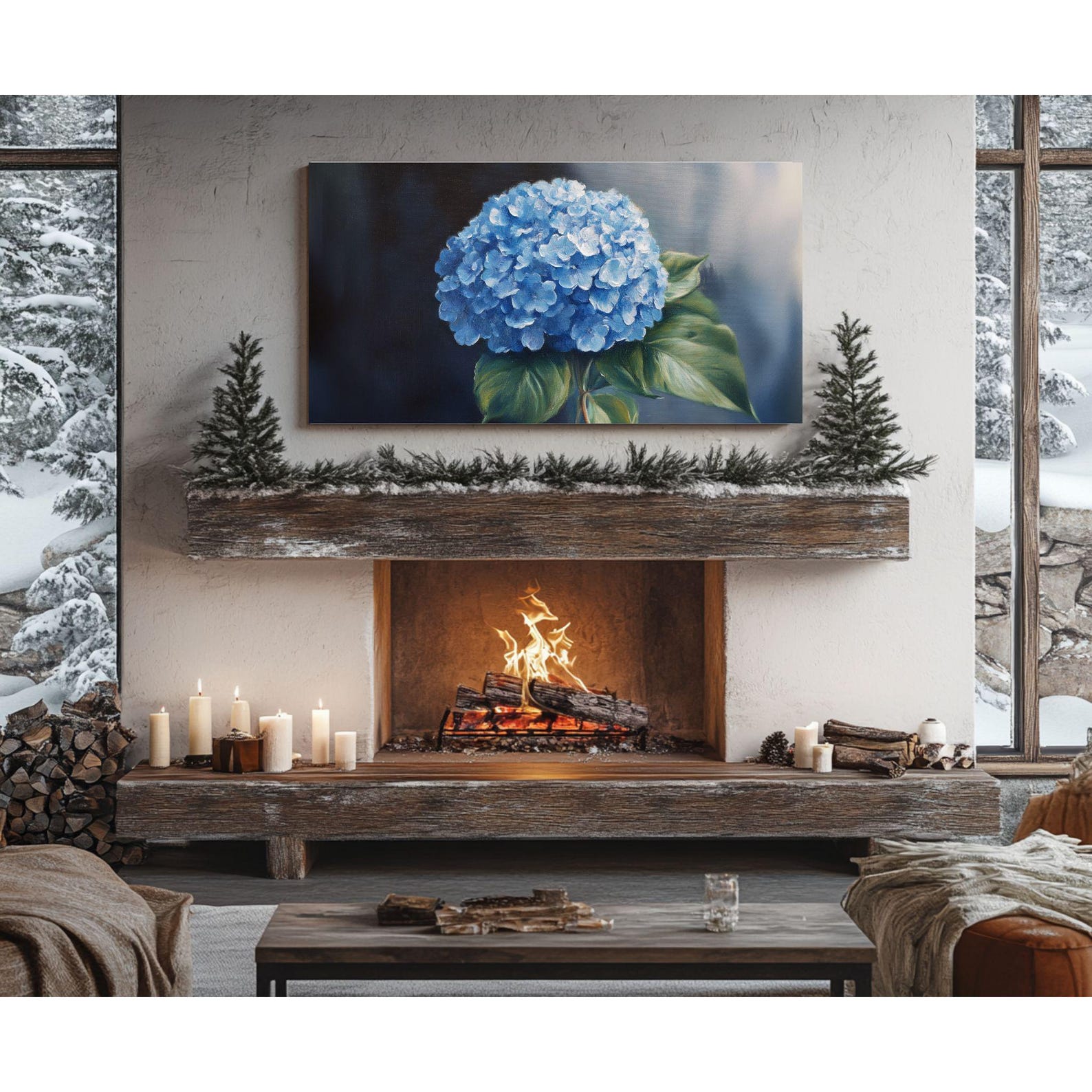 Blue Hydrangea Flower Frame TV Wall Art, Vintage Style Spring Floral ...
