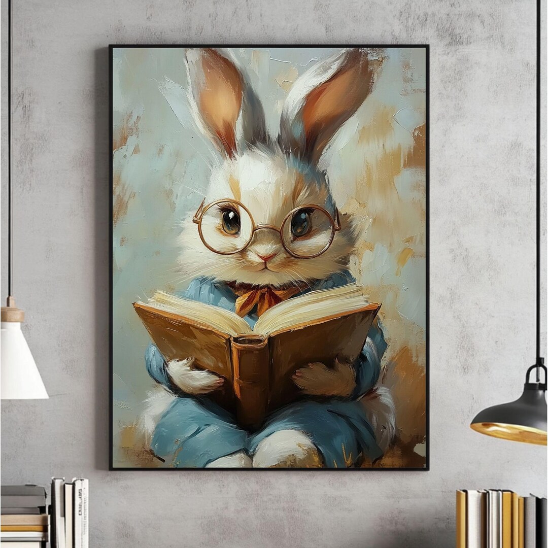 Cute Easter Bunny Reading Book Print Wall Art, Tiny Rabbit Big Glasses ...