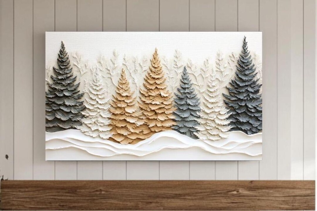 Winter Textured Abstract Trees Painting Frame Tv Wall Art, Christmas ...