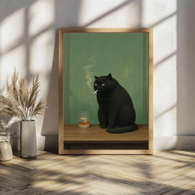 Moody Black Cat Wall Art, Smoking Cat With Whiskey Dark Humor Poster ...