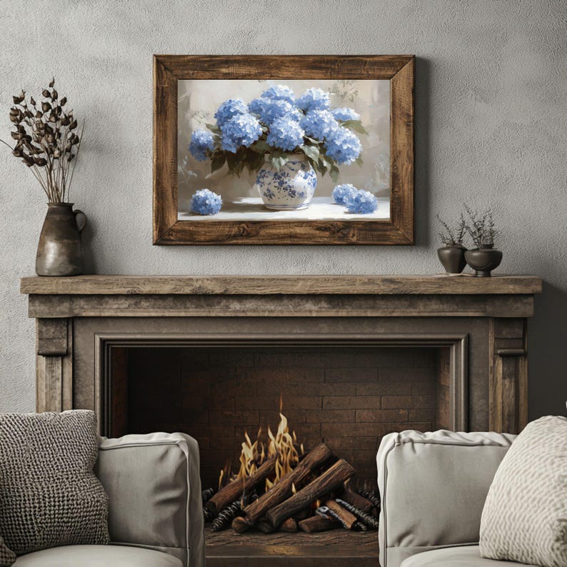 Blue Hydrangea Flower Frame TV Wall Art, Chinoiserie Wallpaper, Spring ...
