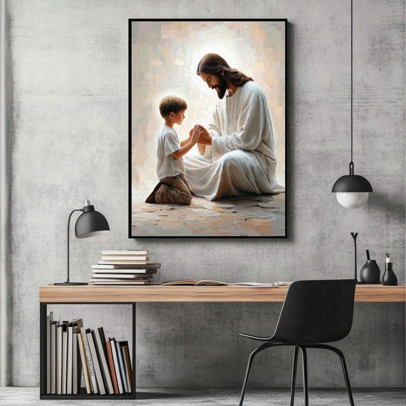 Jesus and Little Boy Praying Wall Art, Christian Painting, Jesus and ...