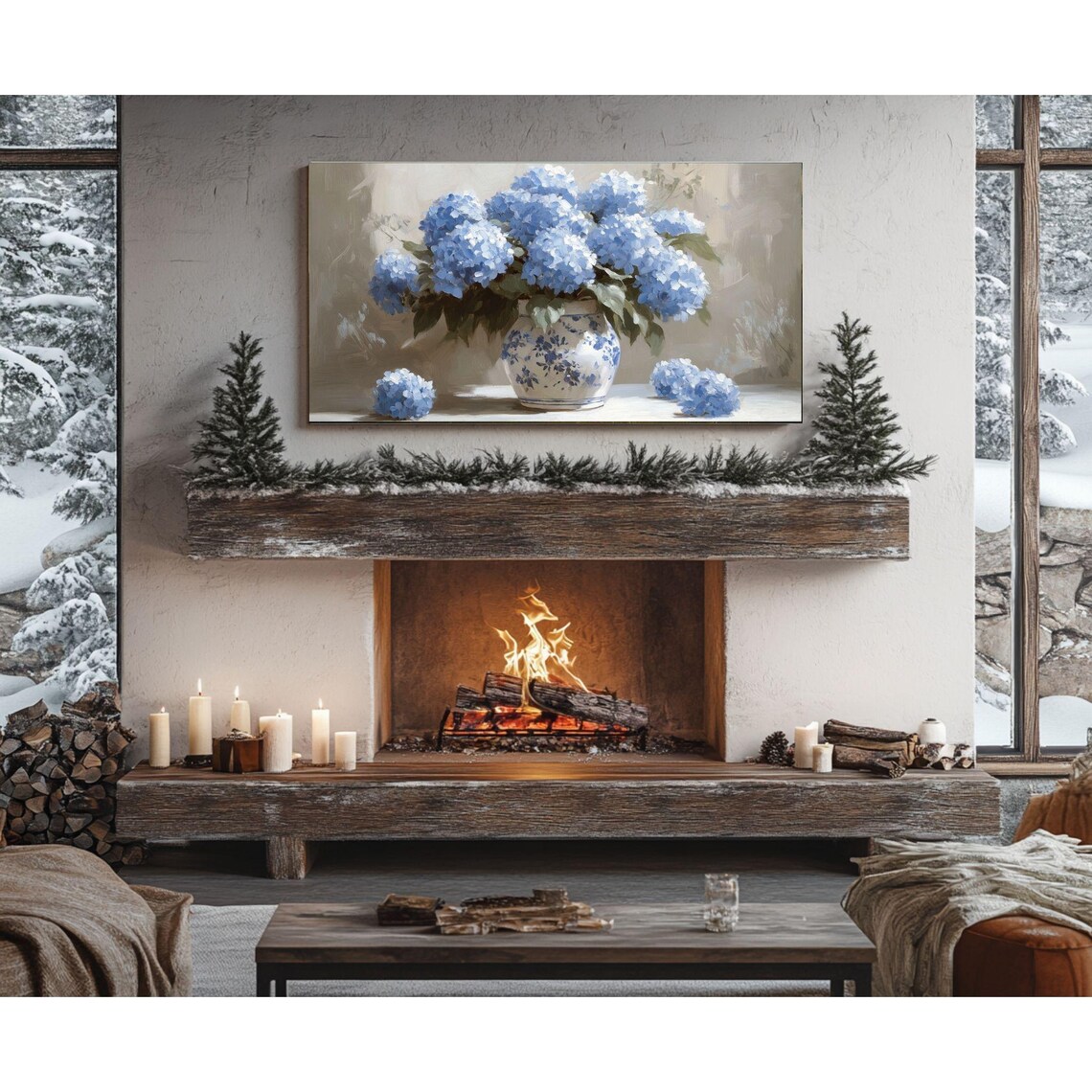Blue Hydrangea Flower Frame TV Wall Art, Chinoiserie Wallpaper, Spring ...