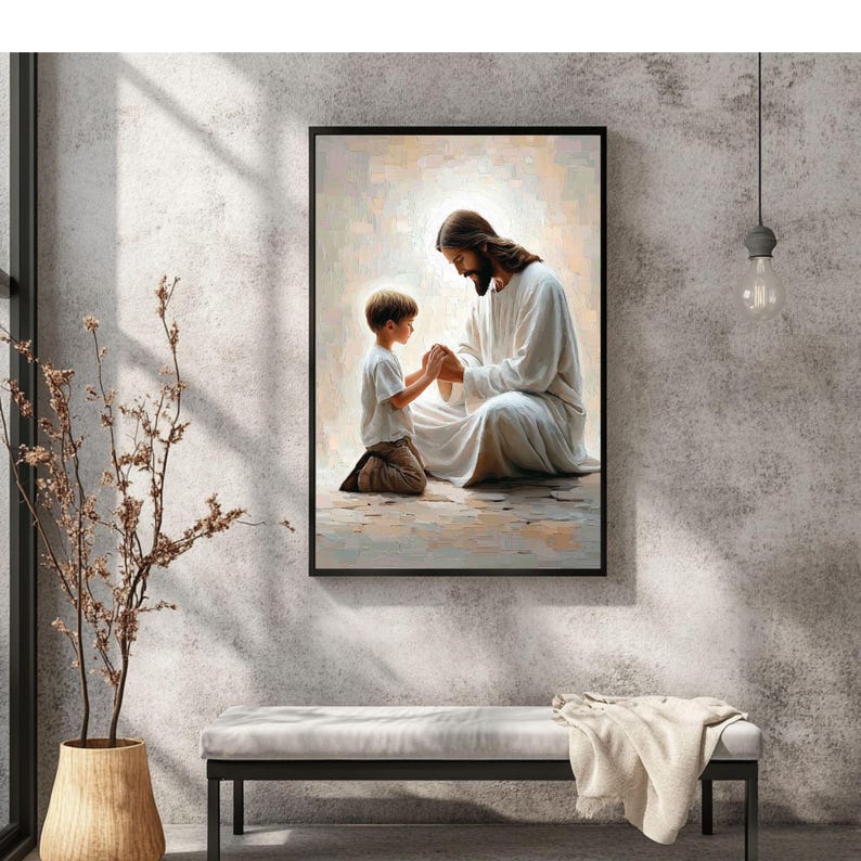 Jesus and Little Boy Praying Wall Art, Christian Painting, Jesus and ...