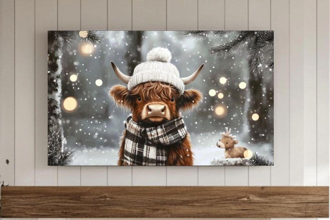 Winter Highland Cow Frame TV Wall Art, Cute Christmas Painting, Winter ...