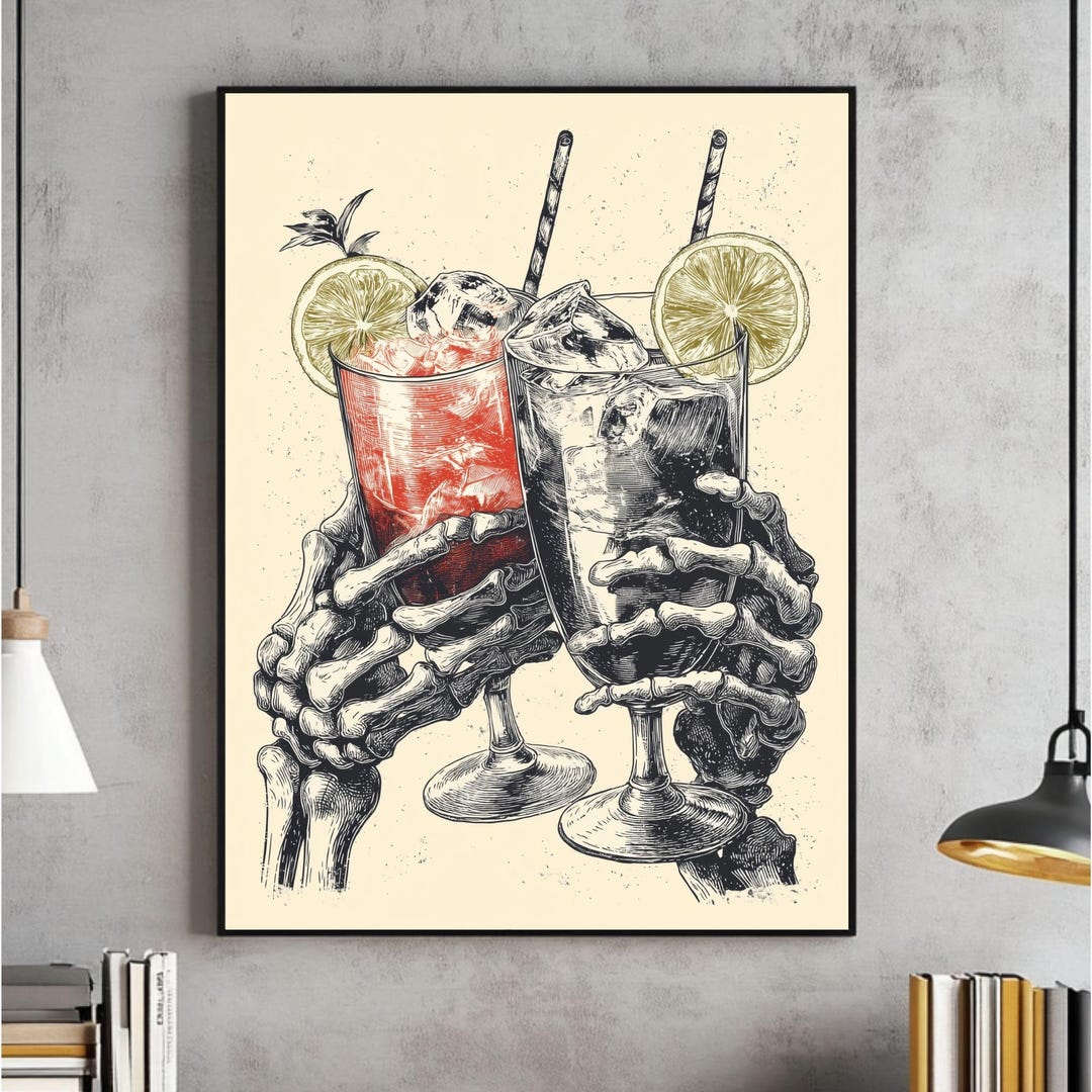 Vintage Halloween Skeleton Cheers Bar Cart Wall Art, Spooky Fall Home ...