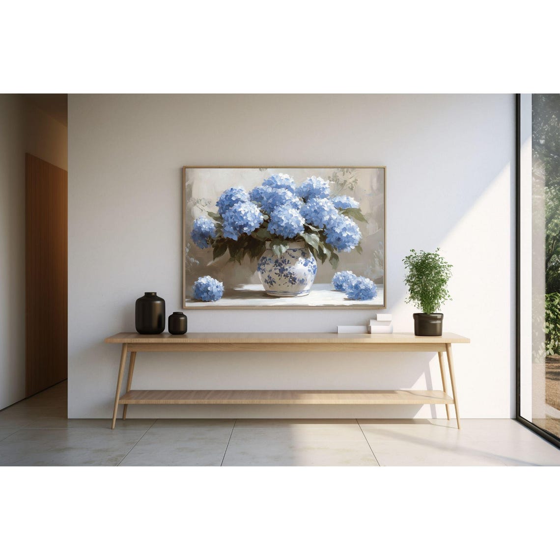 Blue Hydrangea Flower Frame TV Wall Art, Chinoiserie Wallpaper, Spring ...