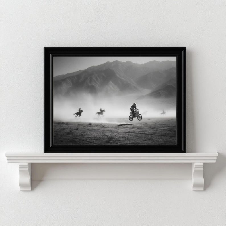Black & White Motocross Horse Racing Wall Art, Western Desert Action ...