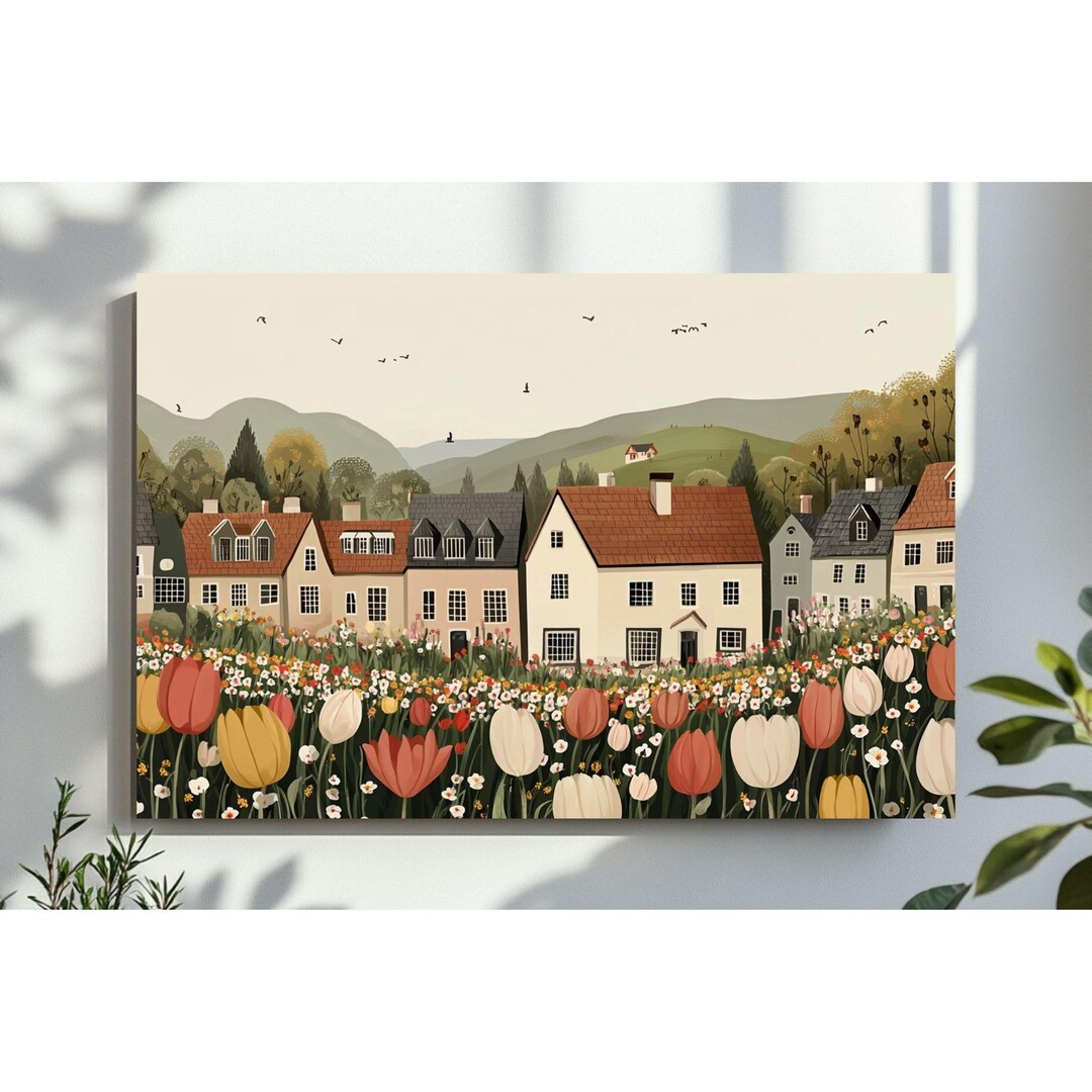 Printable Cute Spring Wall Art, Spring Village Wallpaper, Spring ...