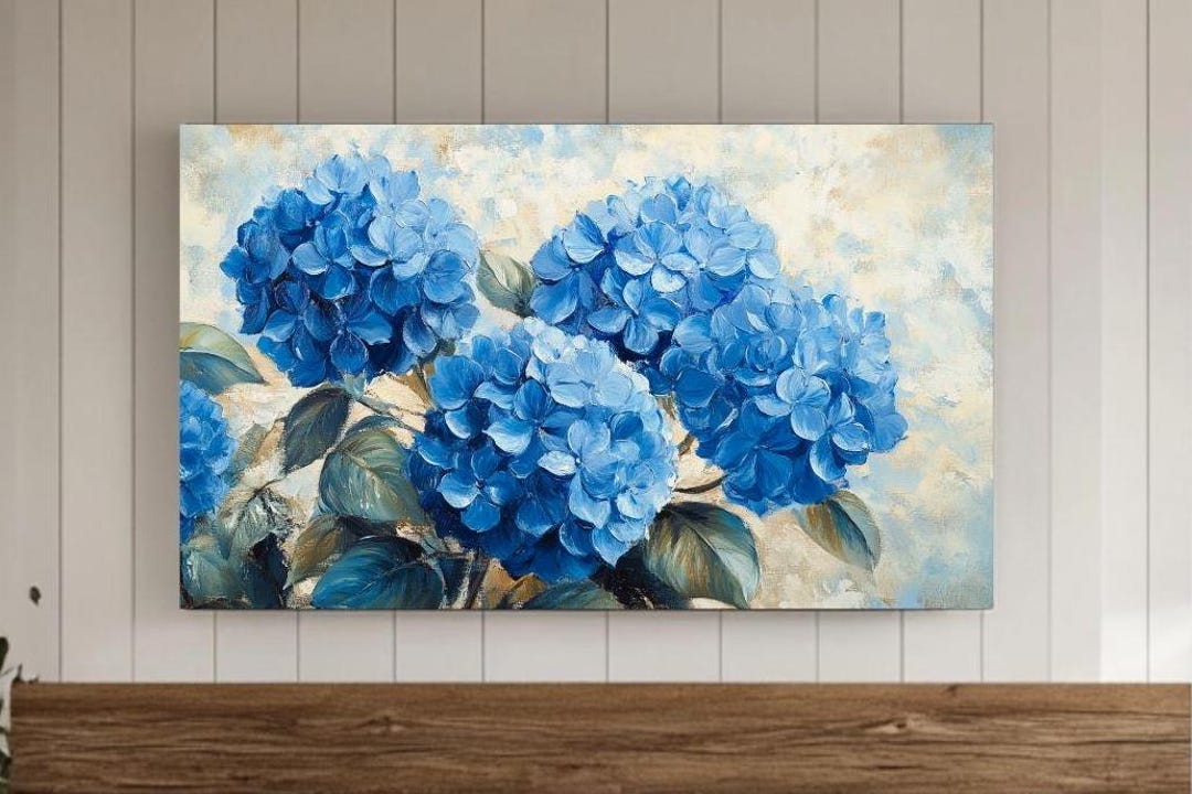 Blue Hydrangea Flower Frame TV Wall Art, Vintage Style Spring Floral ...