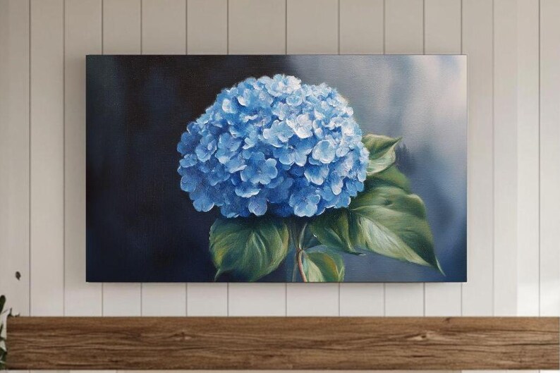 Blue Hydrangea Flower Frame TV Wall Art, Vintage Style Spring Floral ...