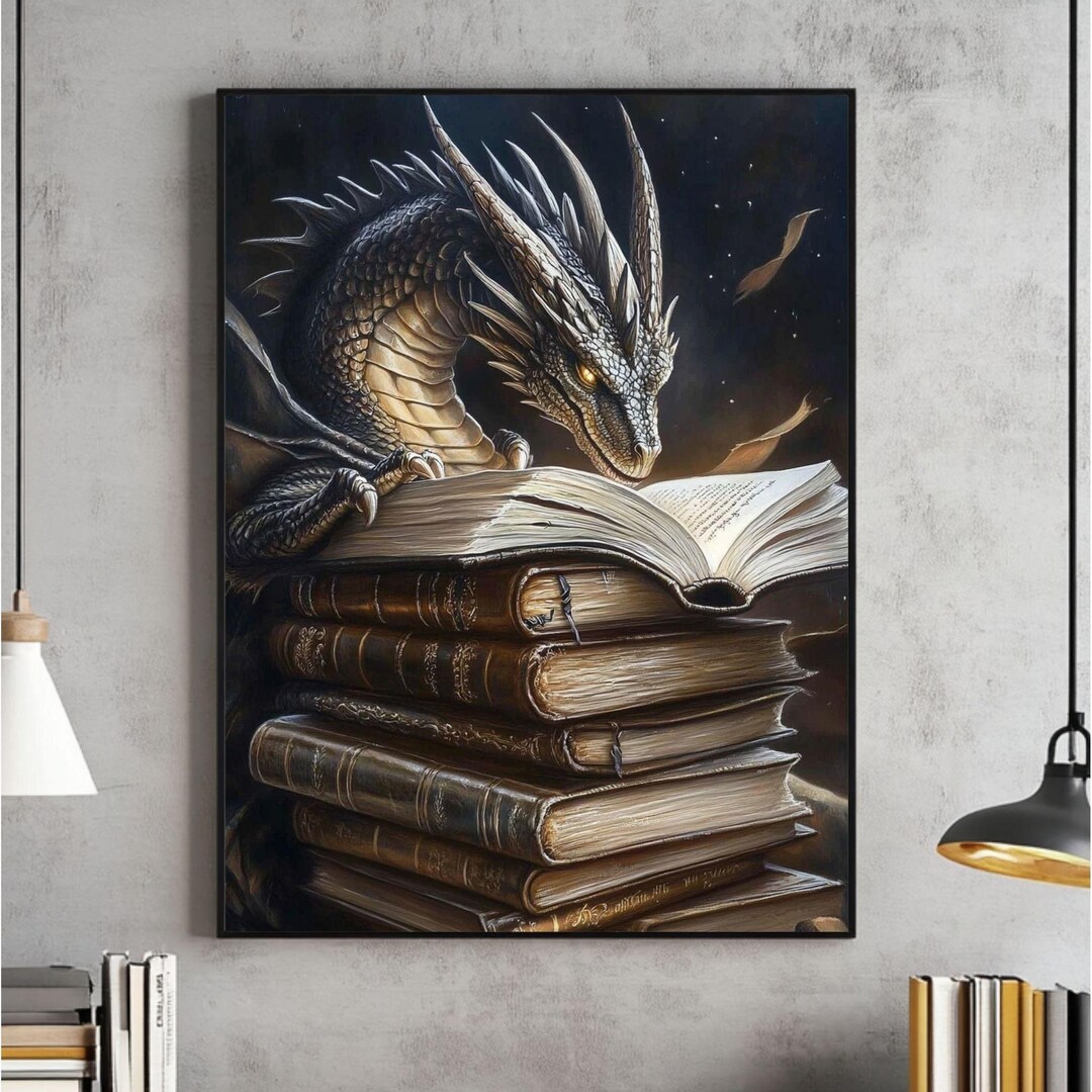 Fantasy Dragon Book Wall Art, Mythical Book Lover Wall Decor, Fantasy ...