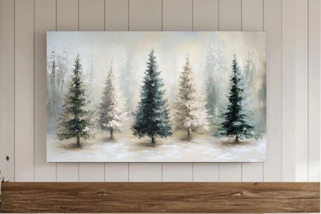 Winter Textured Abstract Trees Painting, Christmas Frame TV Art, Snowy ...