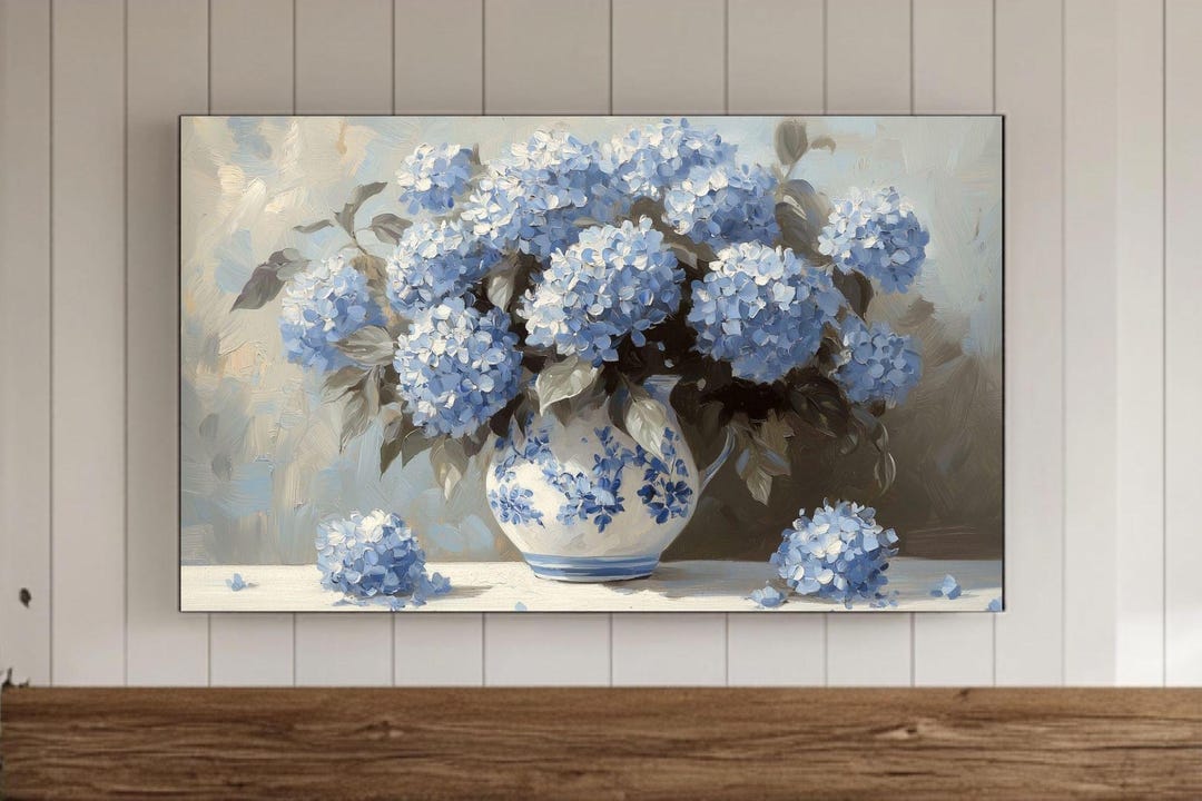 Blue Hydrangea Flower Frame TV Wall Art, Chinoiserie Wallpaper, Spring ...