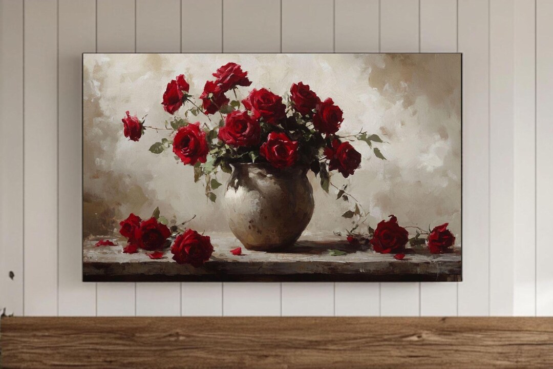 Red Roses Valentines Day Samsung Frame TV Wall Art, Vintage Botanical ...
