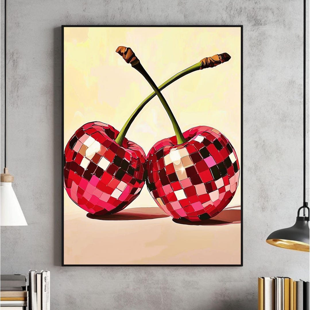Disco Cherries Art Print, Wall Art Poster, Disco Ball Red Cherries ...