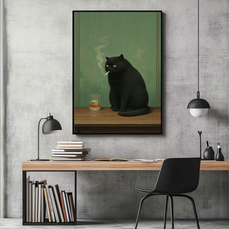 Moody Black Cat Wall Art, Smoking Cat With Whiskey Dark Humor Poster ...