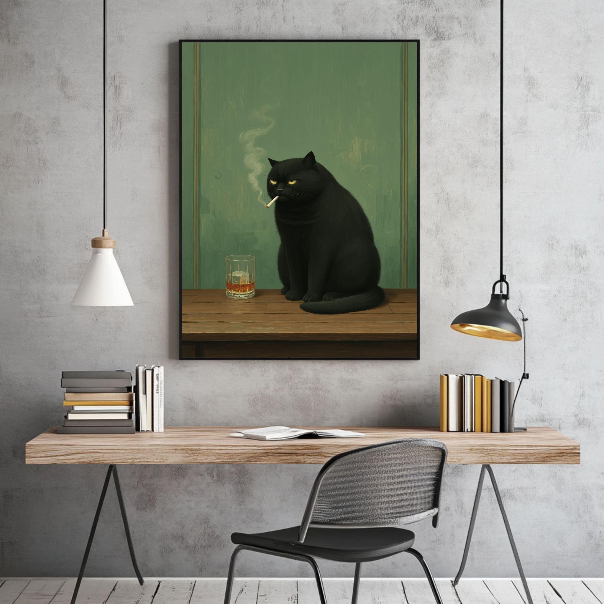 Moody Black Cat Wall Art, Smoking Cat With Whiskey Dark Humor Poster ...
