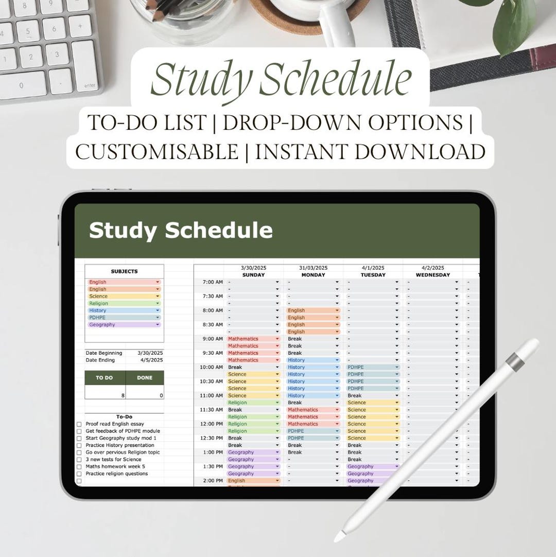 Editable Study Schedule Template | Digital Weekly Planner | To-do List ...