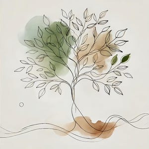 Minimalist Continuous Line Drawing of a Tree With Soft Watercolor ...