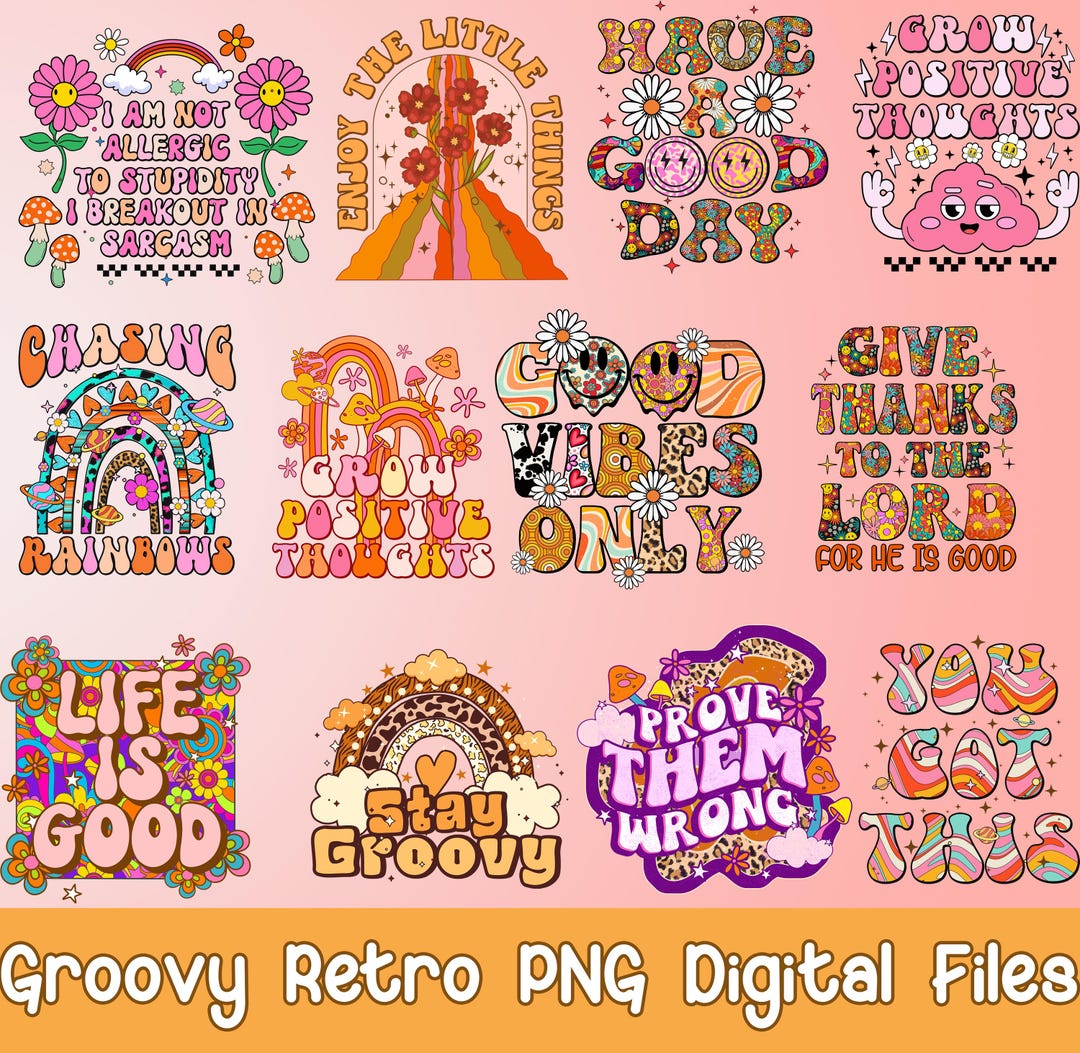 Groovy Retro Color Design Bundle, PNG Bundle Digital Files, Groovy ...