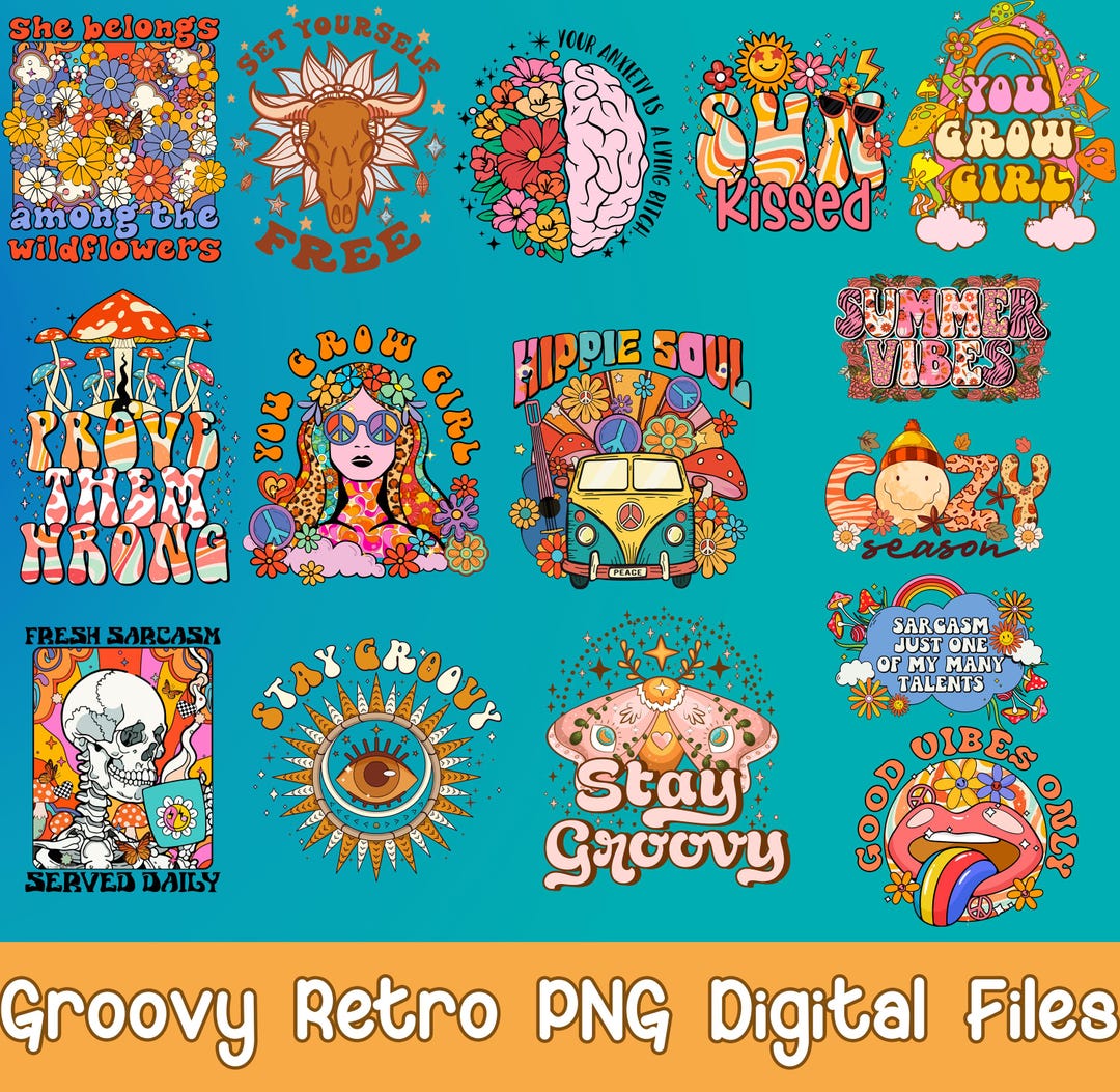 Groovy Retro Color Design Bundle, PNG Bundle Digital Files, Groovy ...