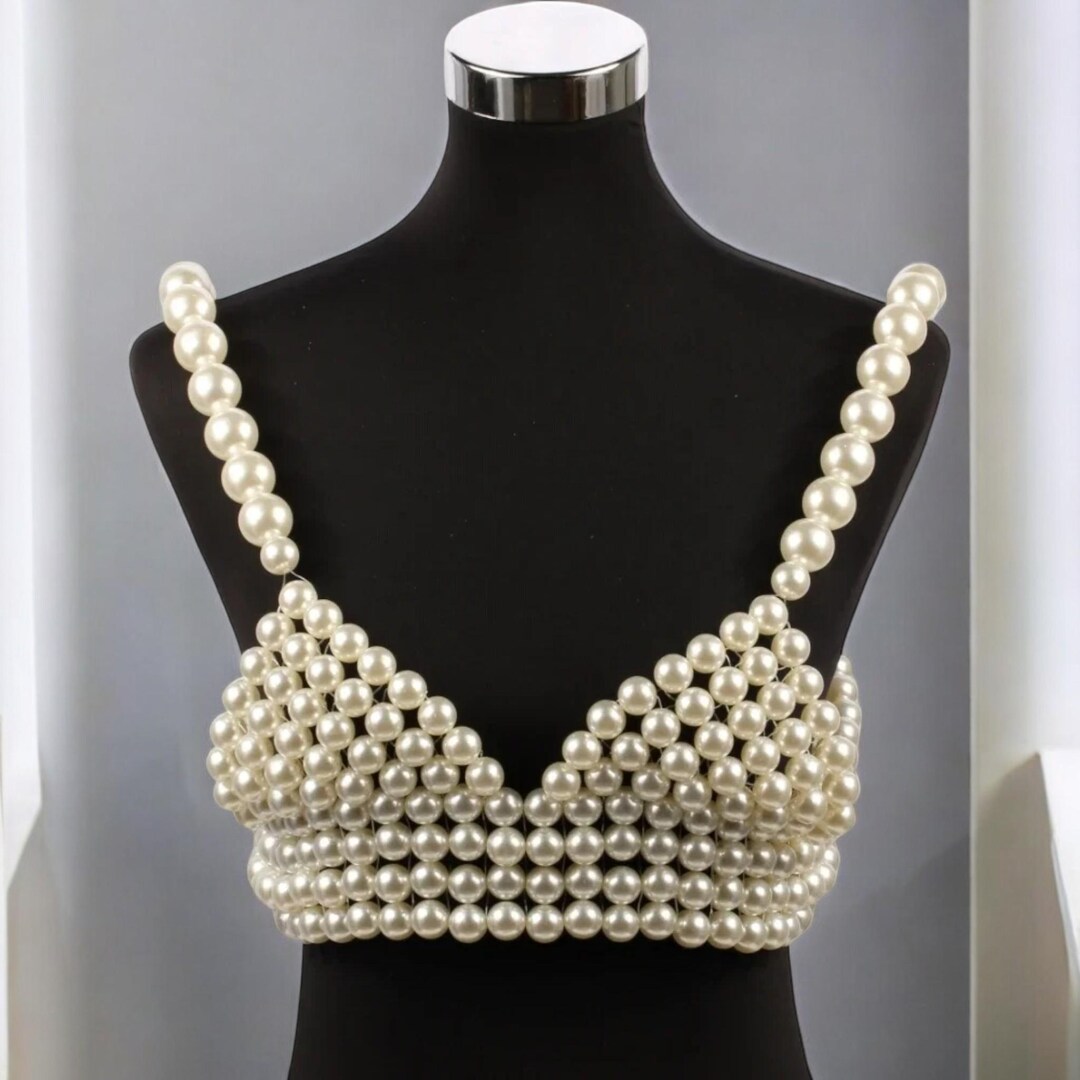 Womens Pearl Body Chain Overlay Bra, Chunky Beads Bikini Accessories ...