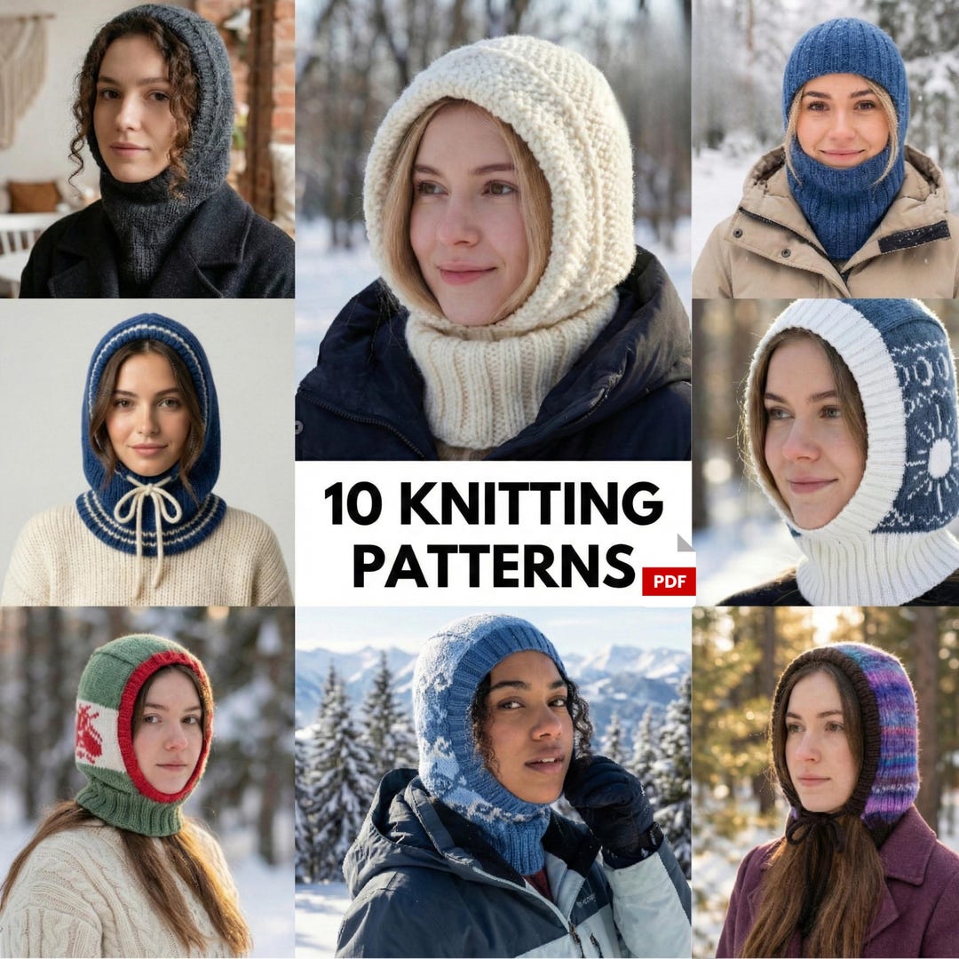 10 Balaclava Knitting Patterns Bundle | Loopiva Hooded Cowl Collection ...