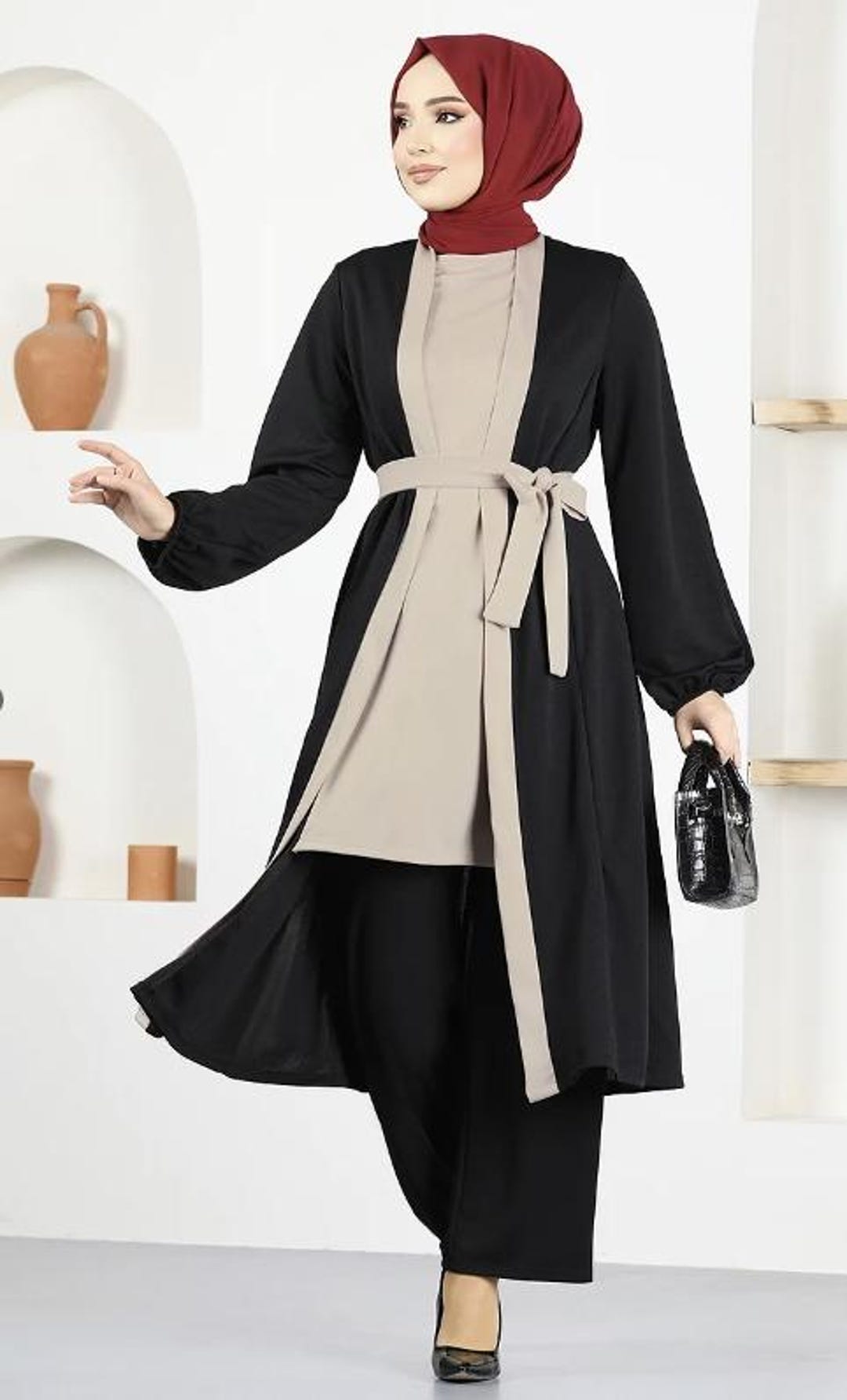 Women Two-toned Abaya Belted Tunic and Trousers Set - Etsy