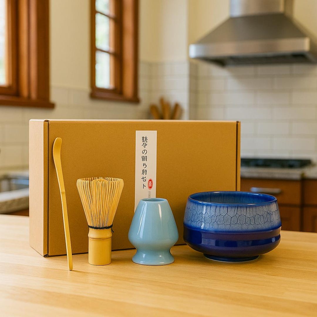 Blue Matcha Tea Set: 4-piece Gift Box With Bowl, Whisk & Stand - Etsy