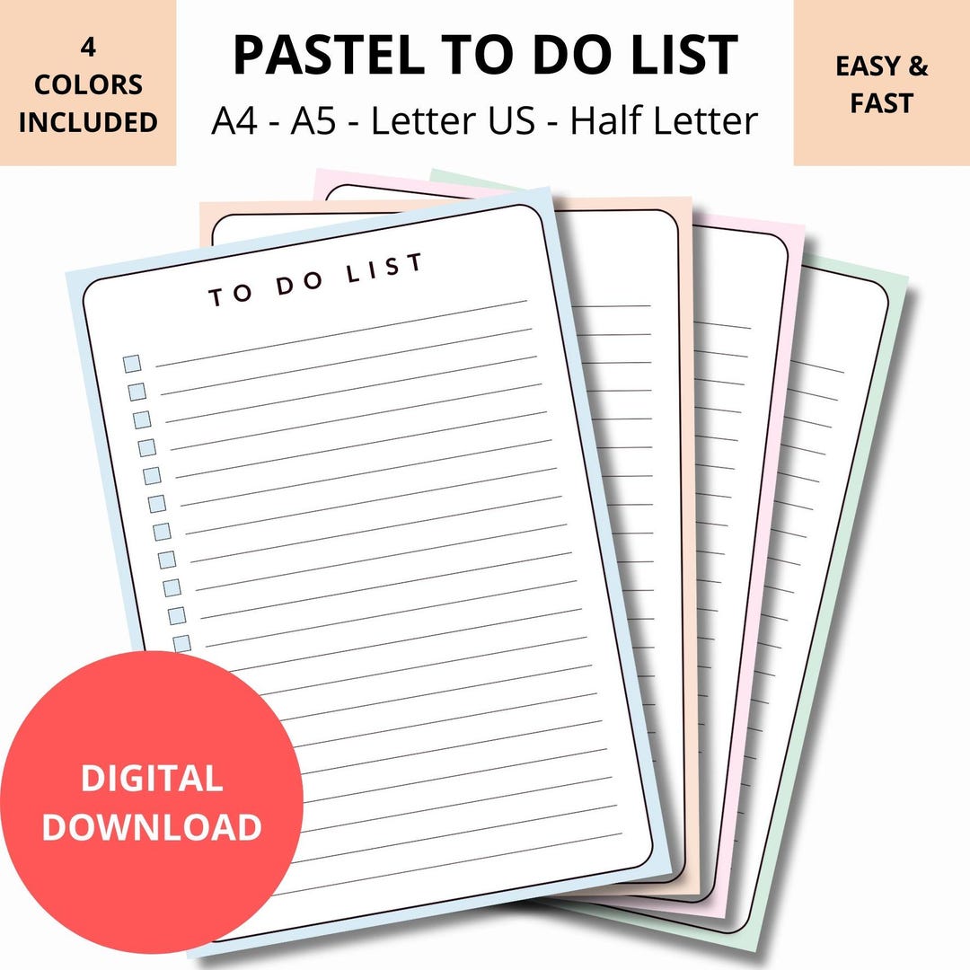 To-do List "pastel" 4 Colors PDF to Print / Checklist / 4 Sizes A4 A5 ...