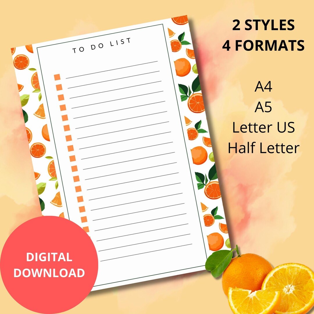 To-do List oranges to Print / PDF Checklist / 2 Styles / 4 Formats A4 ...