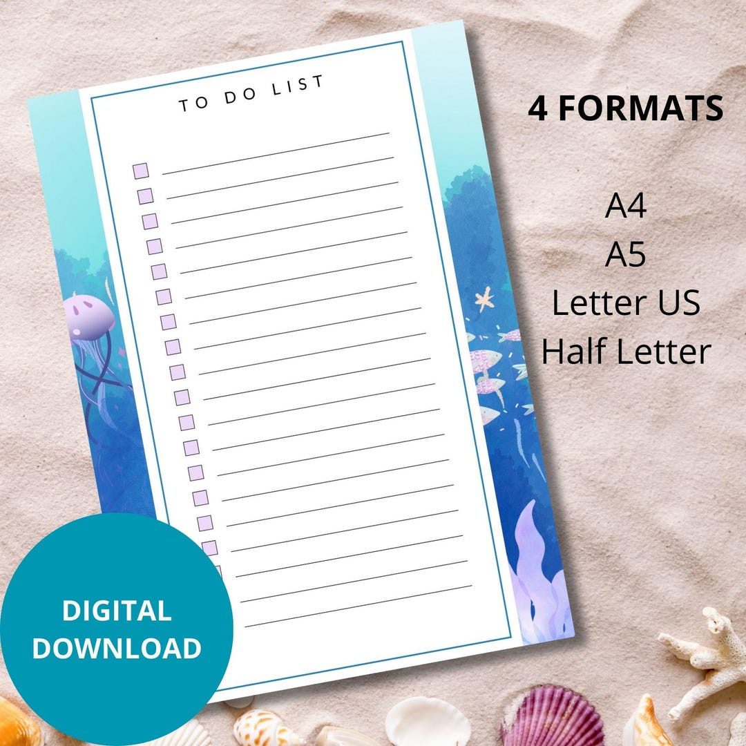 Printable Digital Ocean Theme To-do List / PDF Checklist / 4 Sizes: A4 ...