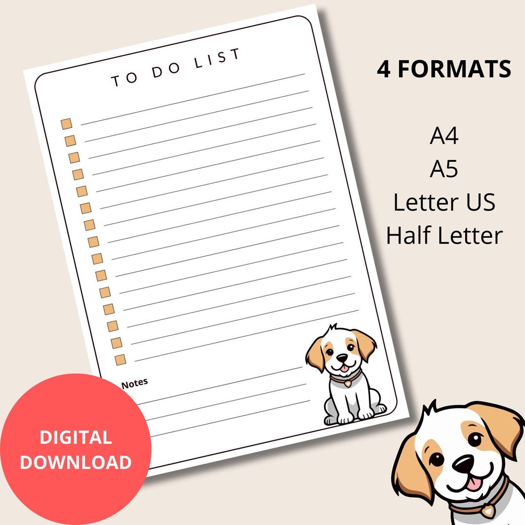 To-do List "cute Animals": Dog / Printable PDF Goal List / 4 Sizes A4 ...