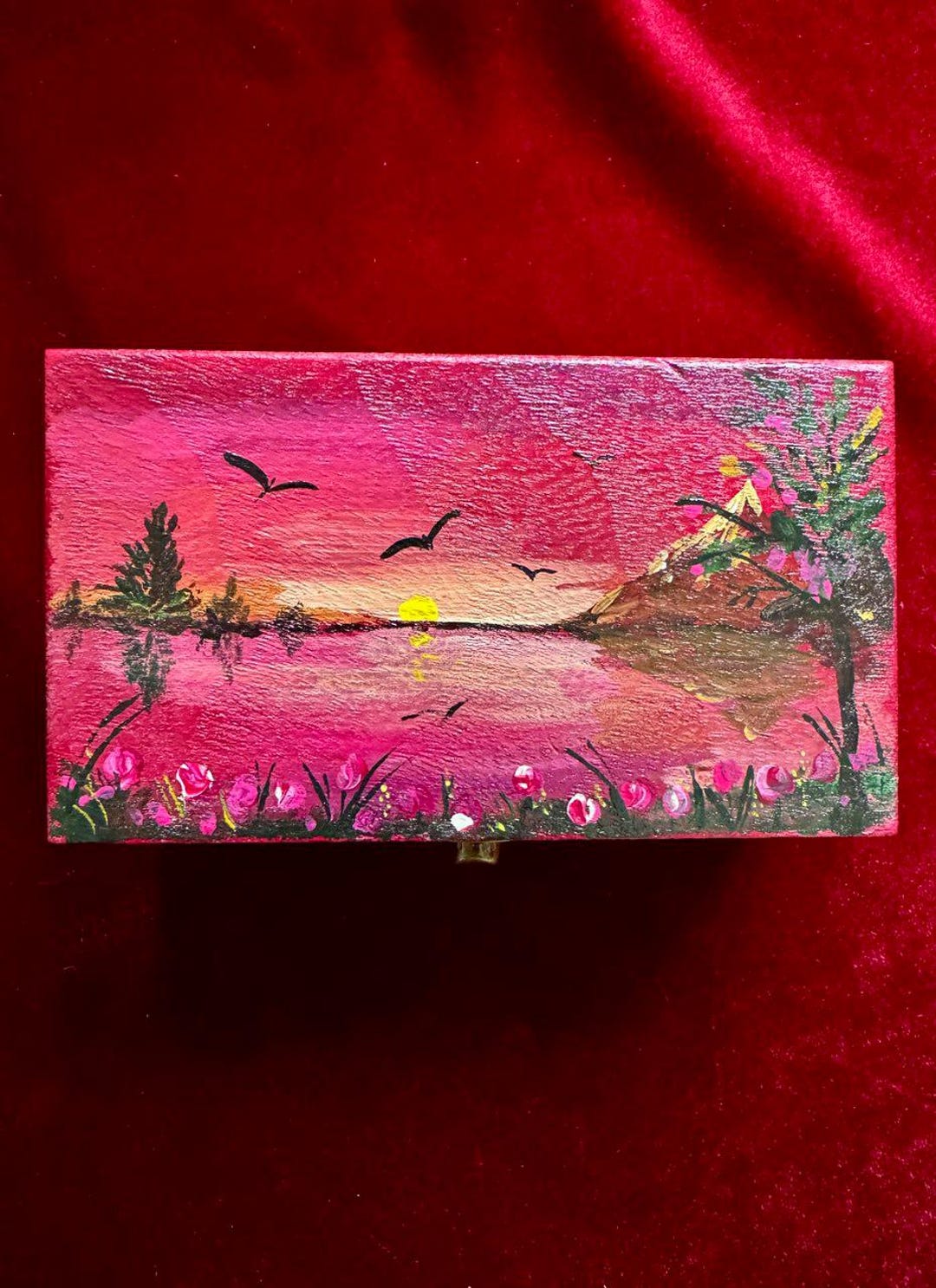 Hand-painted Sunset Lake Box • Pink Wooden Landscape Box • Mountain ...
