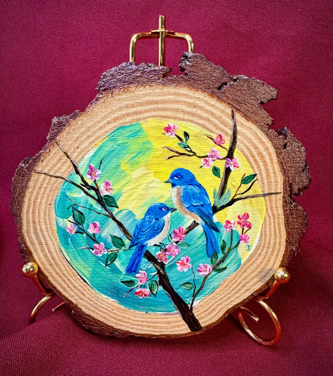 Hand Painted Wood Slice Art With Bark Blue Birds and Cherry Blossoms ...