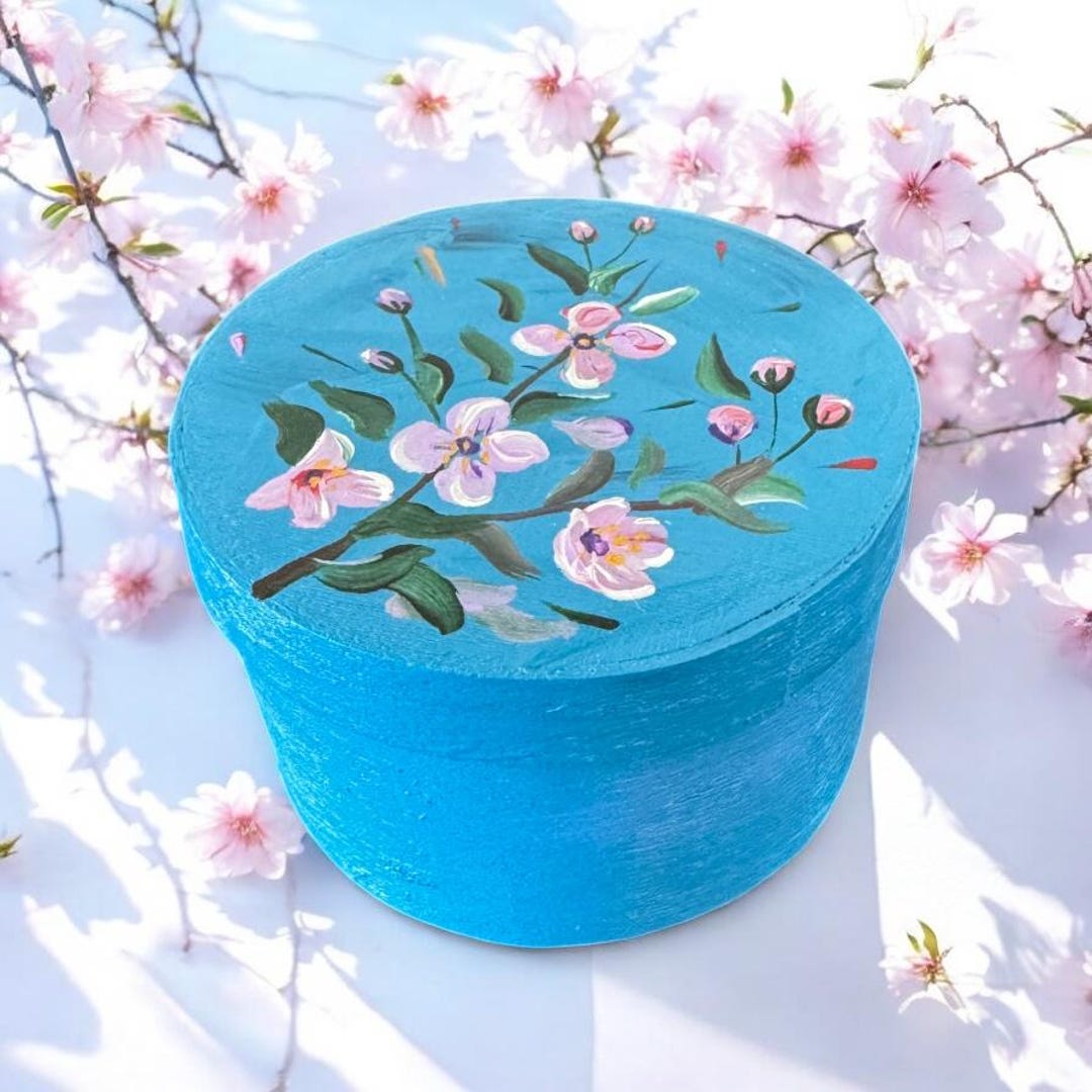 Hand-painted Cherry Blossom Jewelry Box: Light Blue Wooden Keepsake - Etsy